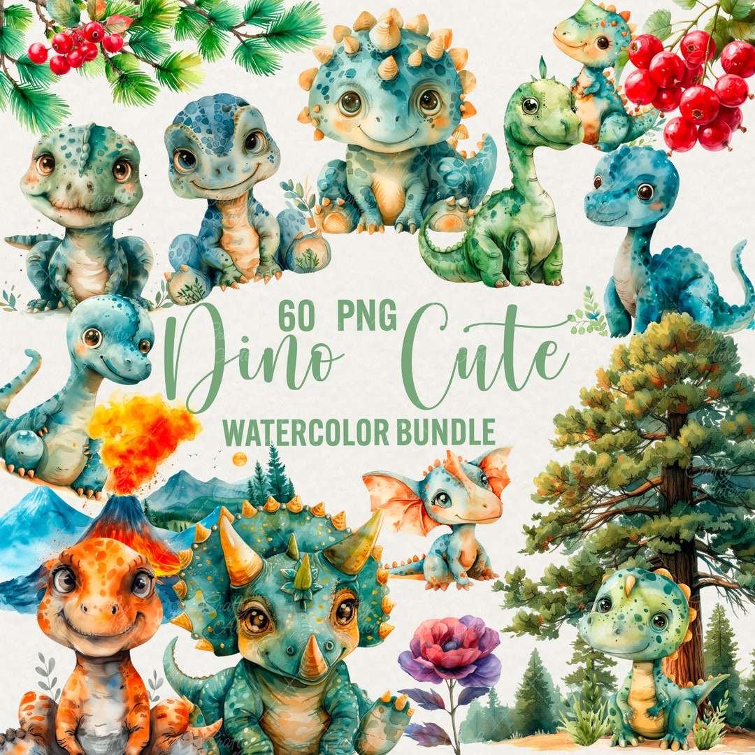 Watercolor Cute Dino Clipart, 60 Png Baby Dinosaur Clip Art, Kids ...