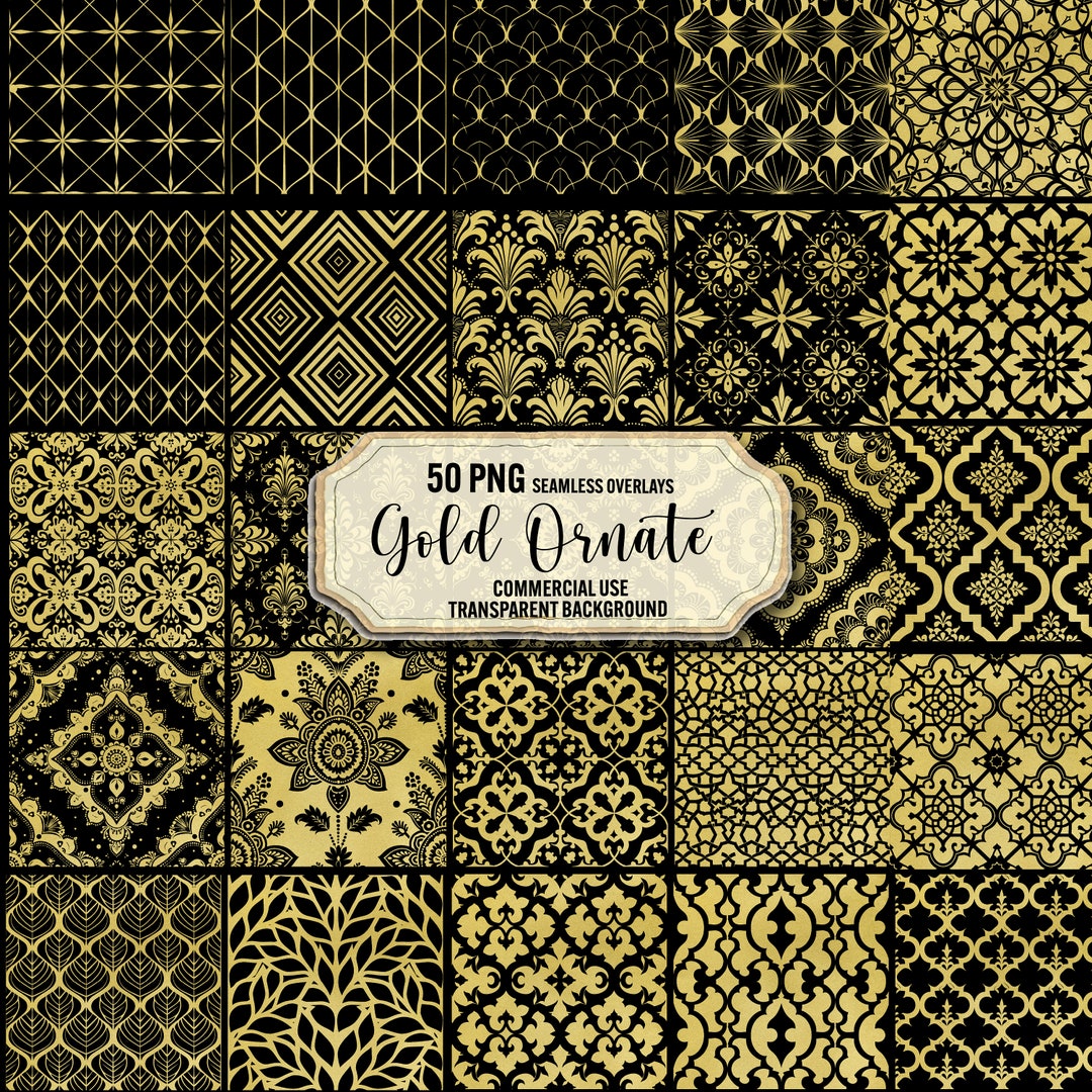 Gold Ornate Seamless Patterns: 50 Victorian PNG Overlays (digital ...