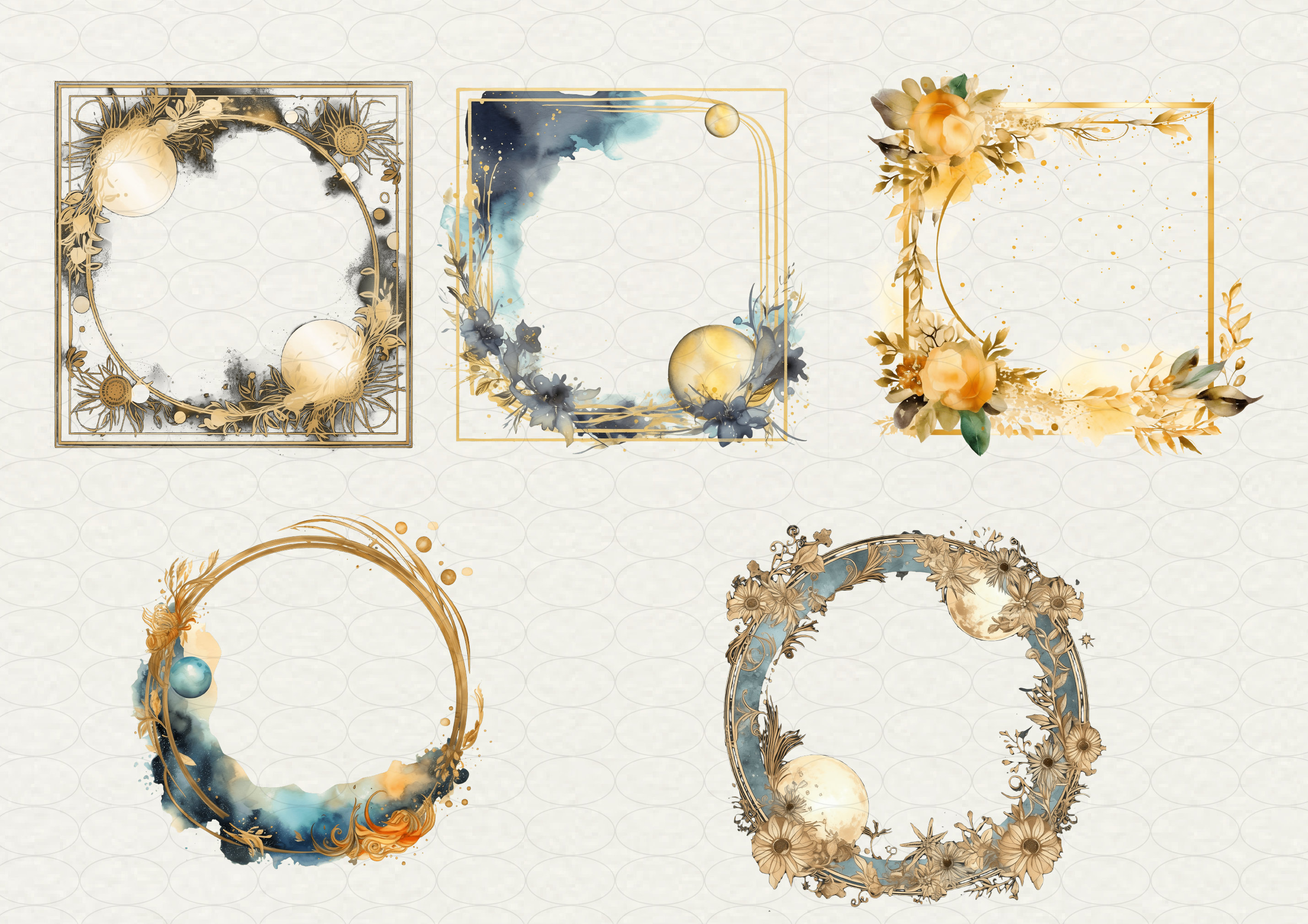Watercolor Gold Frames Clipart: Celestial Circle & Square (PNG) - Etsy