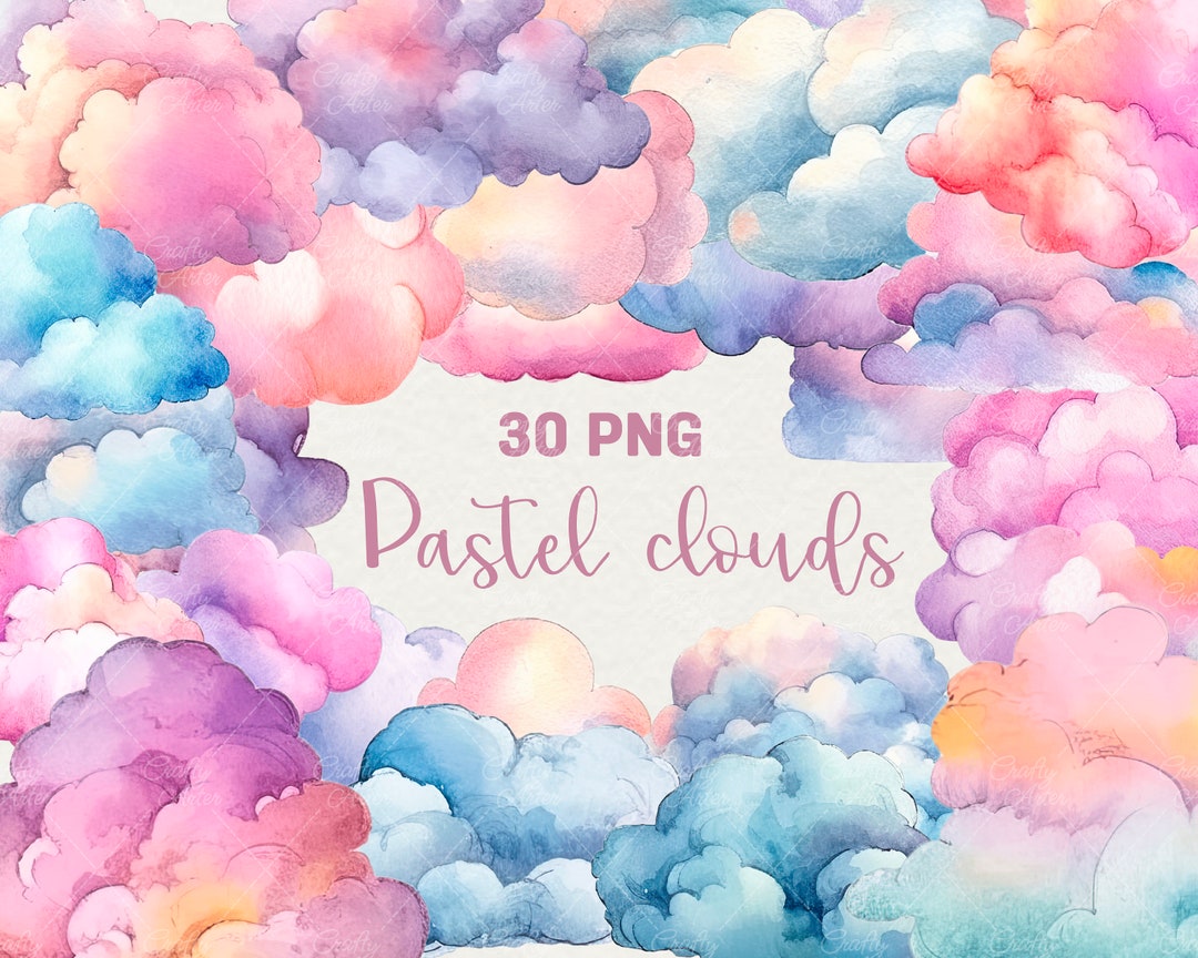 Watercolor Clouds Clipart, 30 PNG Watercolor Pastel Clipart Clouds Pink ...