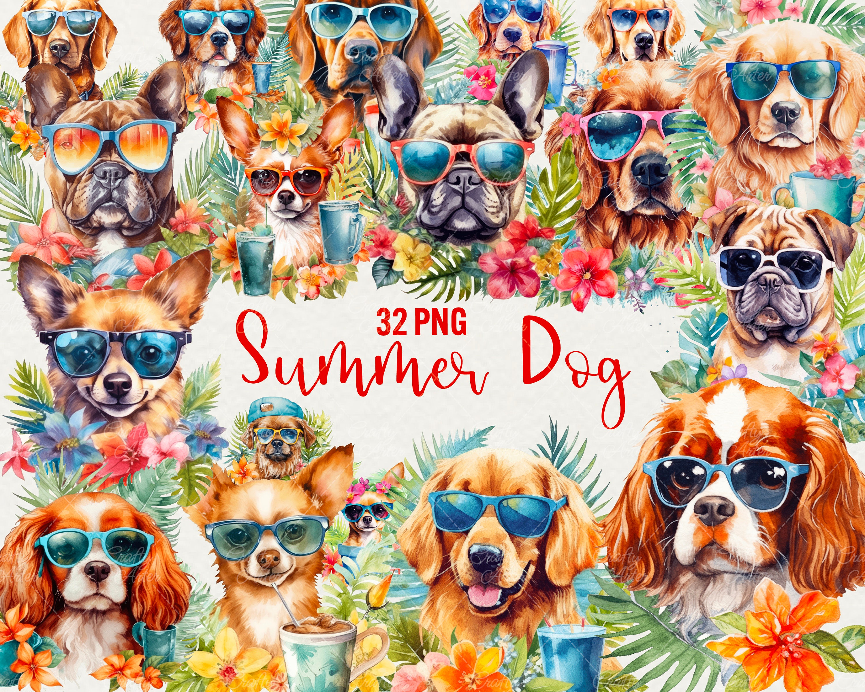 Watercolor Summer Dog Clipart: Aloha Animals, Tropical Flowers (32 PNG ...