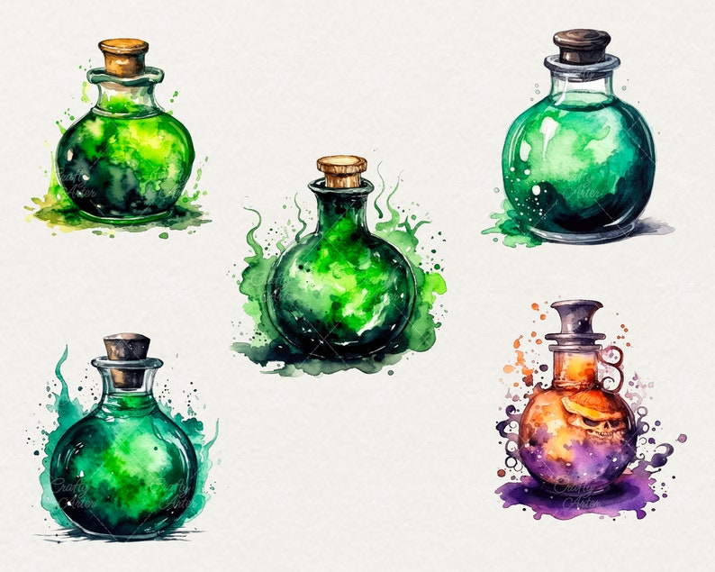 Watercolor Halloween Potion Clipart: 26 PNG Wizard Graphics (commercial ...