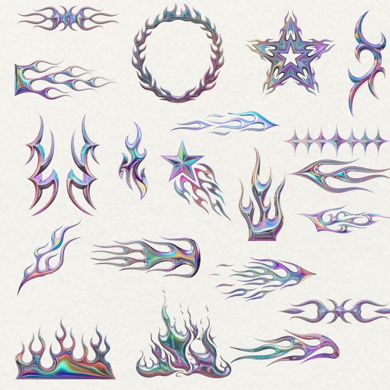 Y2K Holographic Fire Flames Clipart: Tribal PNG Bundle (digital) - Etsy