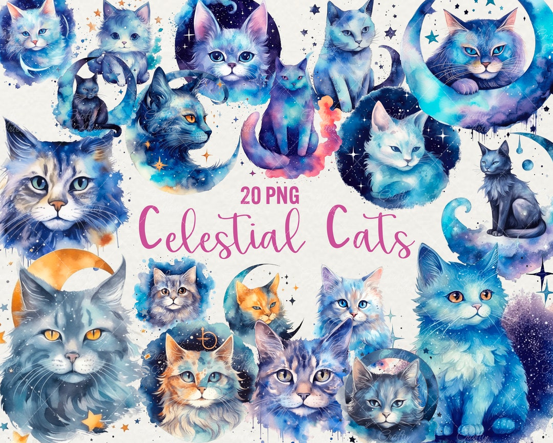 Watercolor Fantasy Cat Clipart, 20 PNG Magic Cats Clip Art, Celestial ...
