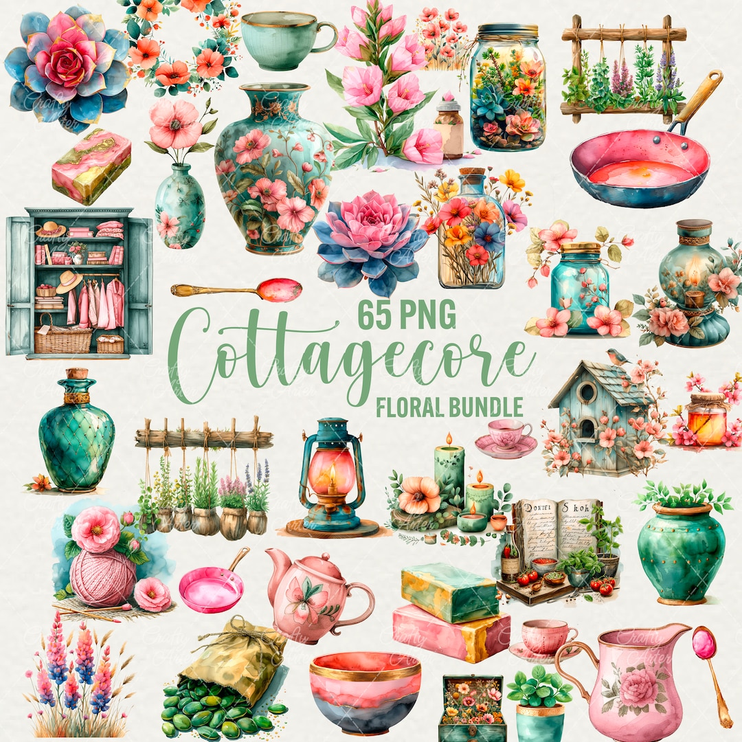 Watercolor Cottagecore Clipart, Spring Floral Elements, 65 Png Rustic ...