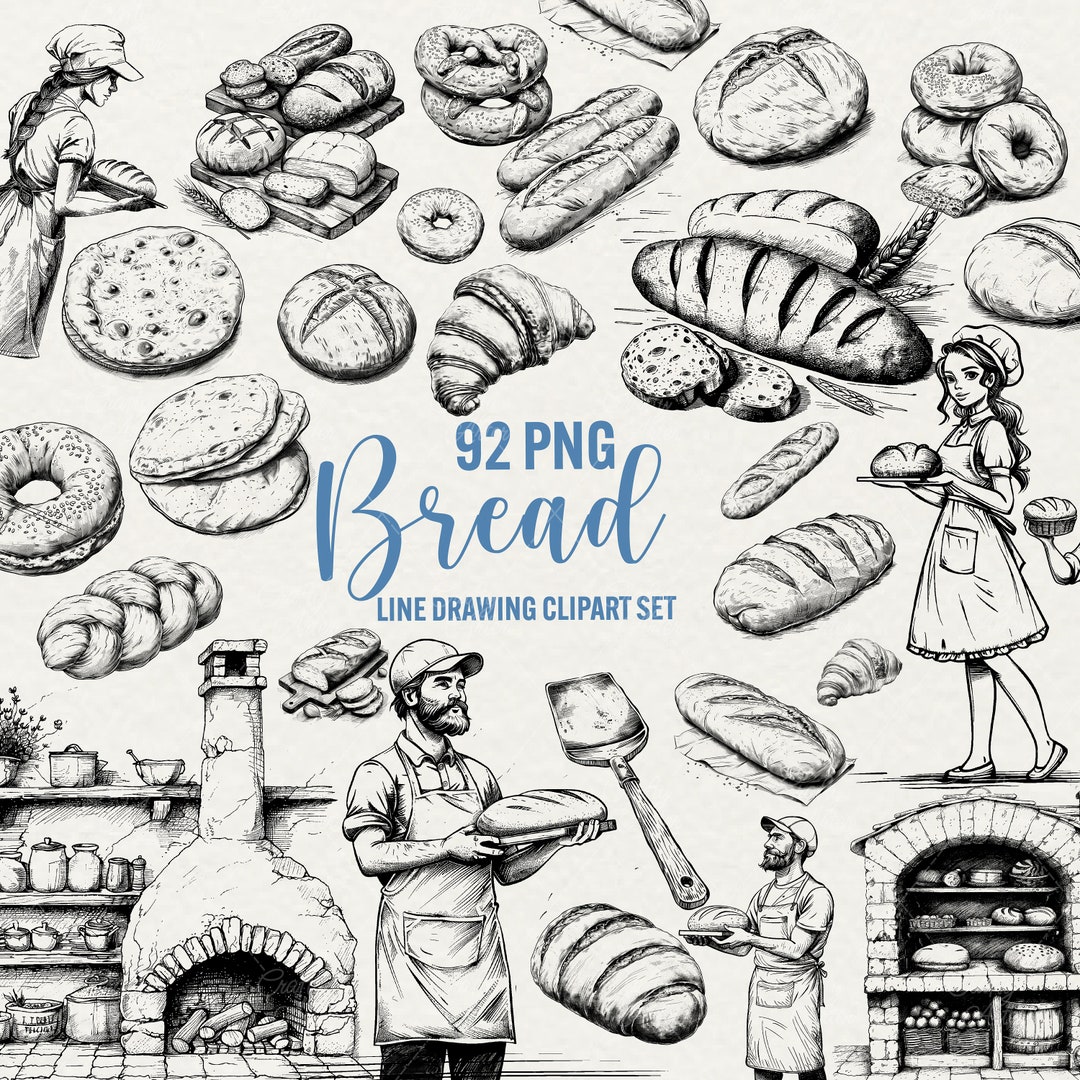 Bread Line Art Clipart, 92 Png Bakery Line Drawing Graphics, Artisan ...