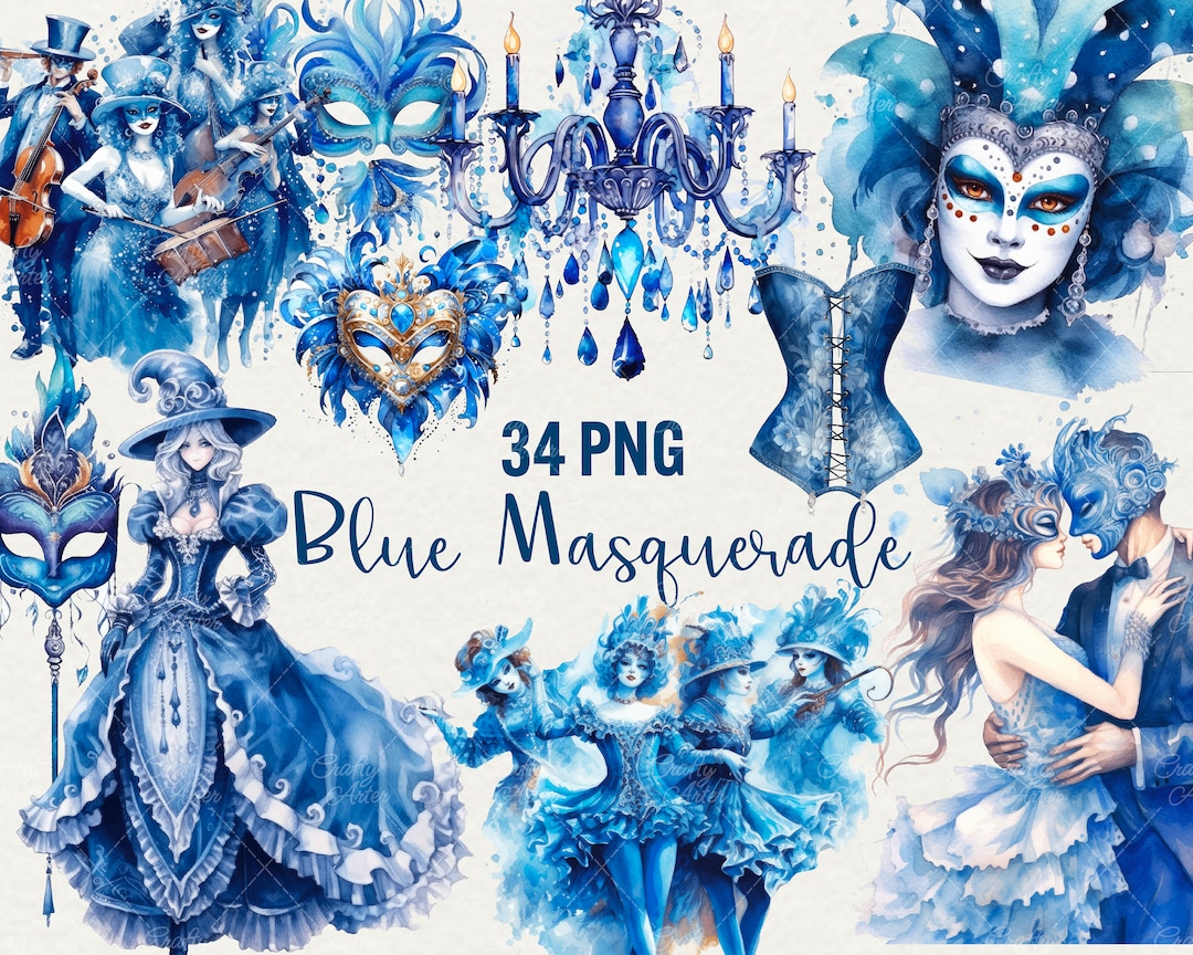 Watercolor Blue Masquerade Clipart: 34 PNG Graphics (commercial Use) - Etsy