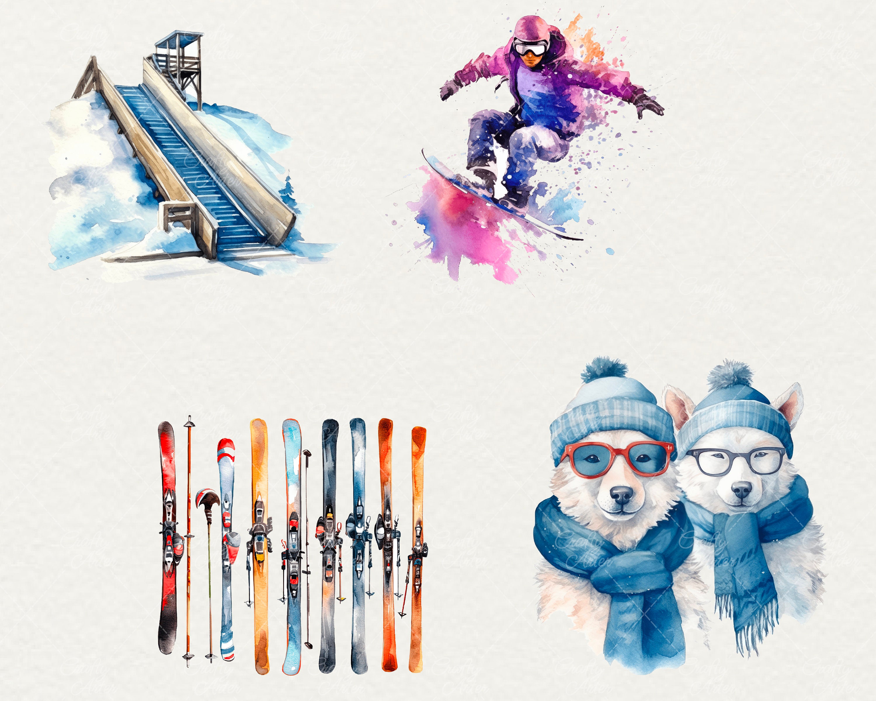 Watercolor Winter Sports Clipart: Ski & Snowboard PNG Set (30 Images ...