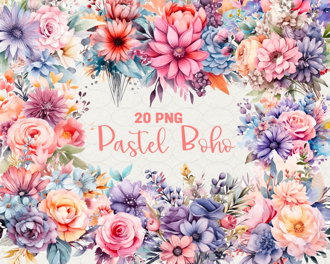 Watercolor Pastel Boho Flowers Clipart: 20 PNG Floral Illustrations ...