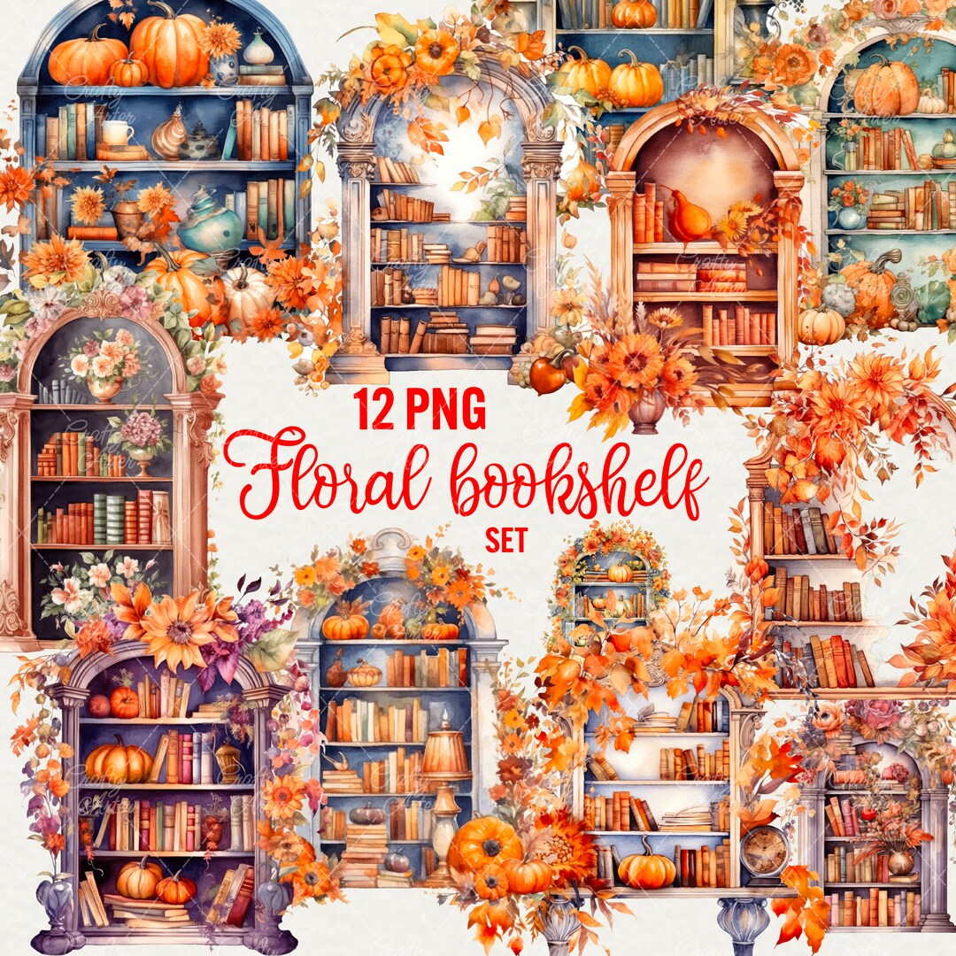 Floral Bookshelf Clipart, 12 PNG Watercolor Autumn Bookworm Graphics ...
