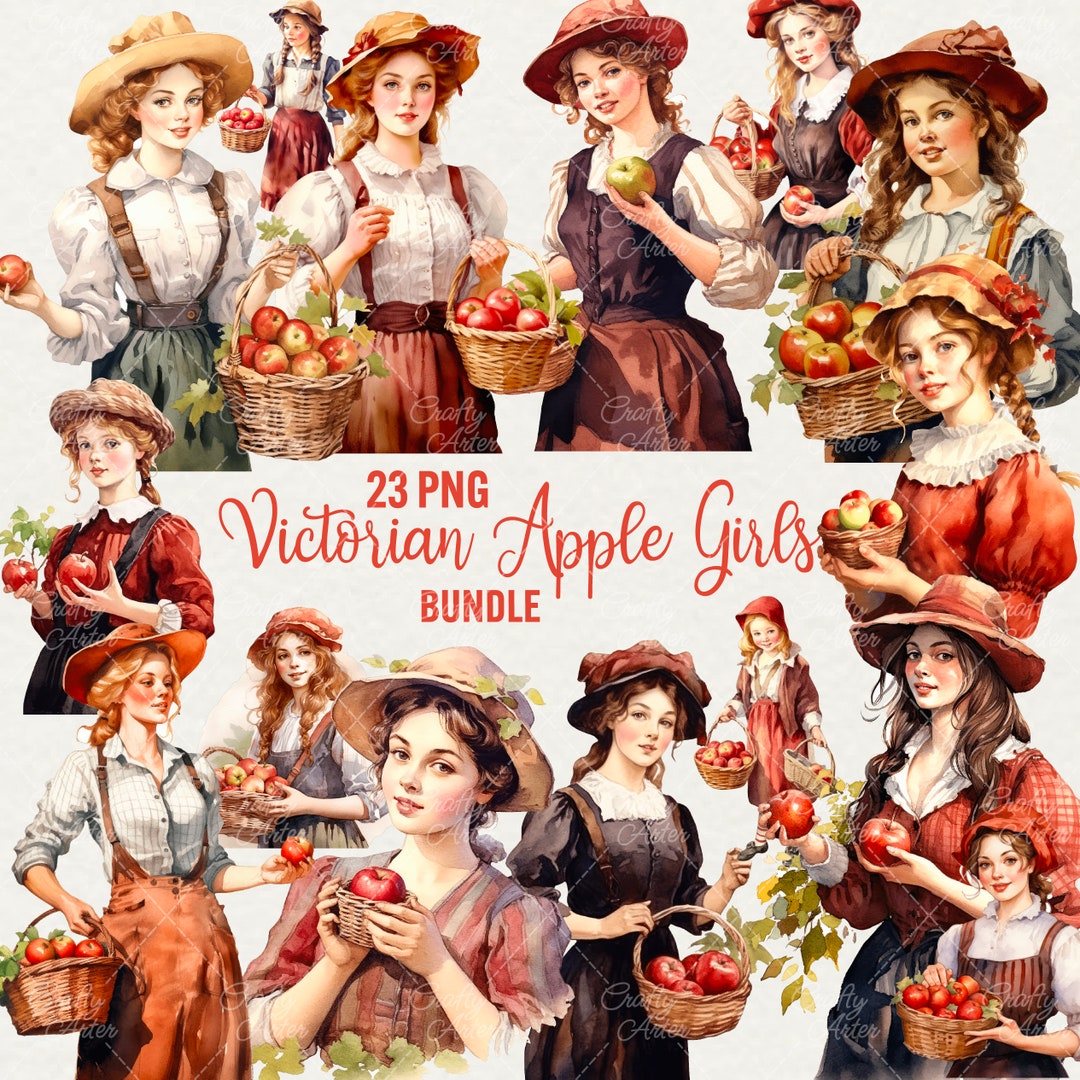 Victorian Apple Girls Clipart, 23 PNG Bundle Watercolor Woman Portraits ...