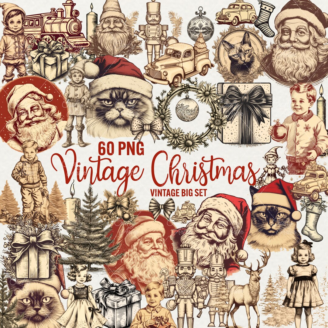 Vintage Christmas Clipart, Old Holiday Graphics 60 PNG, Retro Santa ...