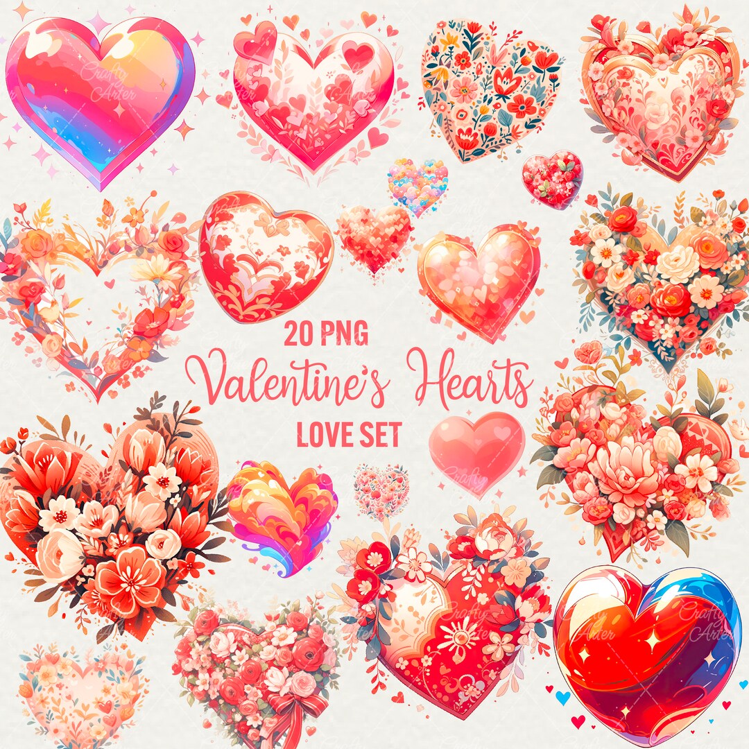 Watercolor Floral Hearts Clipart Bundle, 20 Png Art Valentine Day Heart ...