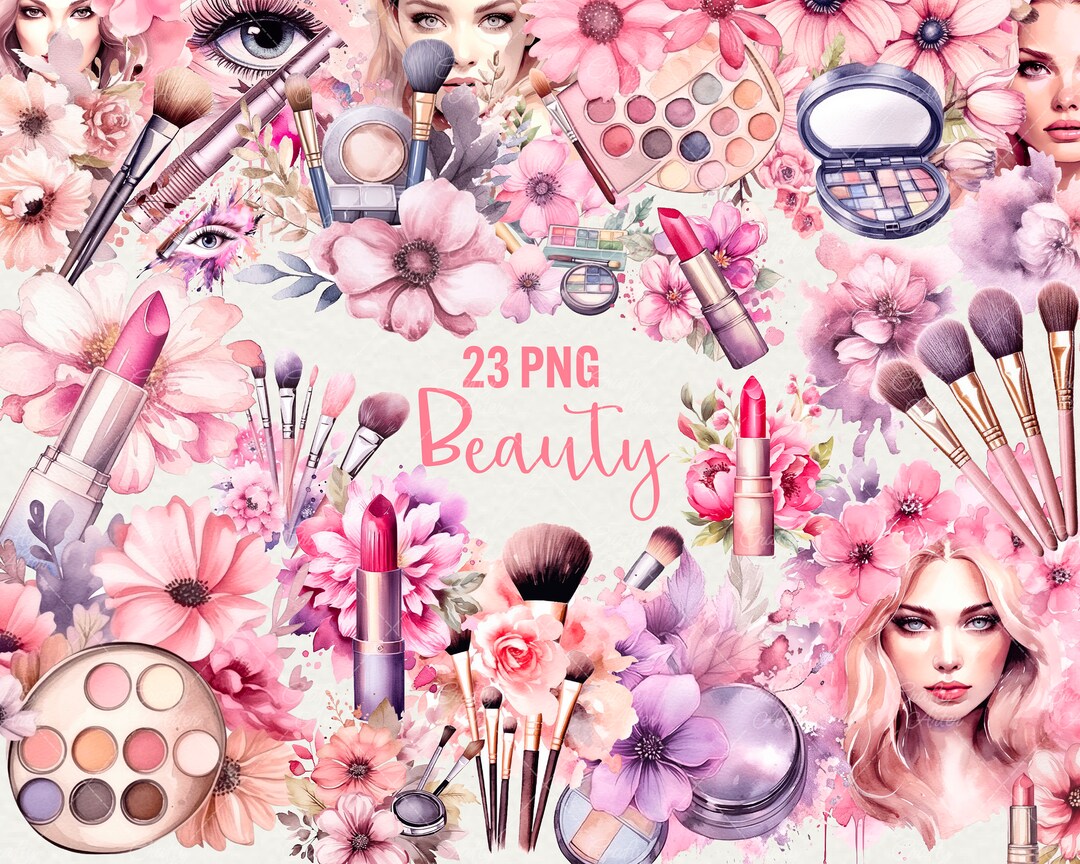Watercolor Beauty Clipart, 23 PNG Watercolor Makeup and Beauty Graphics ...