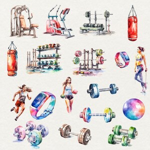 Watercolor Fitness Clipart Bundle: Sport & Gym Graphics (65 PNG ...