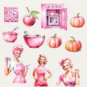 Watercolor Pink Kitchen Girls Clipart, Retro Pin up Girls Clipart, 59 ...