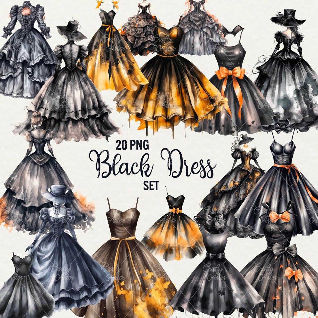 Black Dress Clipart, Watercolor Celebrate Gothic Dress, 20 PNG Rococo ...