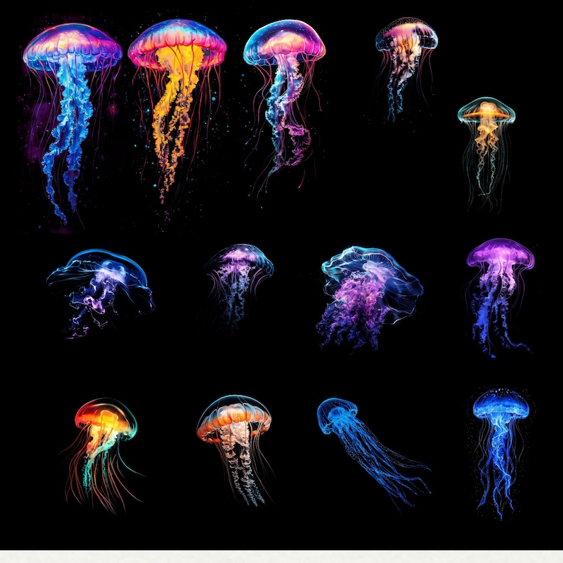 Neon Jellyfish Clipart: 30 Glowing Ocean PNG Graphics (commercial Use ...