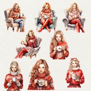 Christmas Cozy Girls Clipart, 28 PNG Watercolor Girl With Warm Cup ...