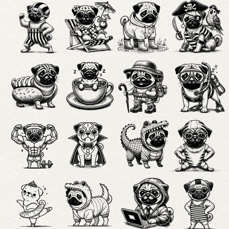Funny Pug Clipart Bundle, Dog Graphics, Vector Illustrations (SVG PNG ...