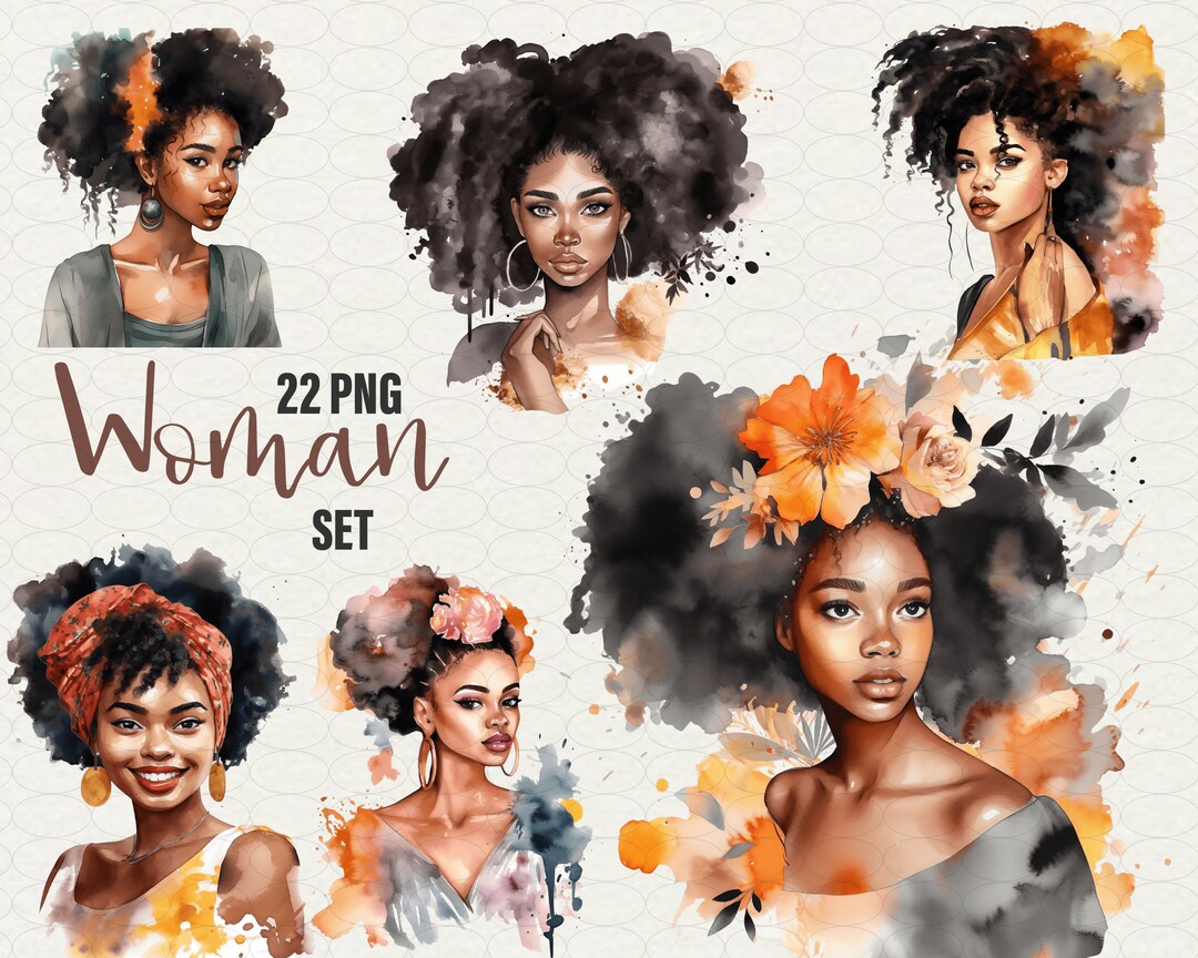 Afro Woman Watercolor Clipart: Black Girl PNG Set (commercial Use) - Etsy