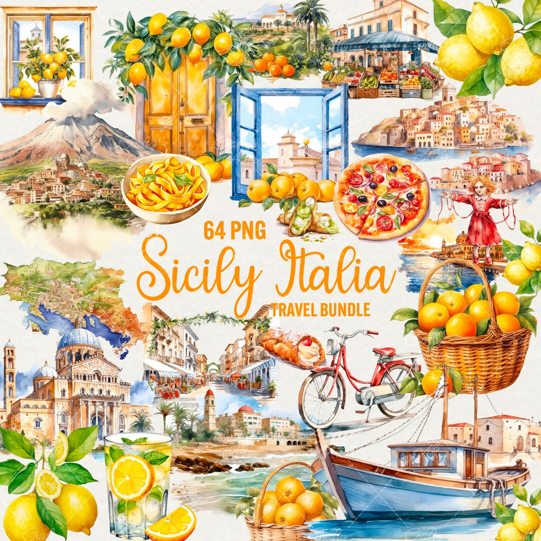 Sicily Italy Clipart: Watercolor Travel Illustrations (64 PNG ...