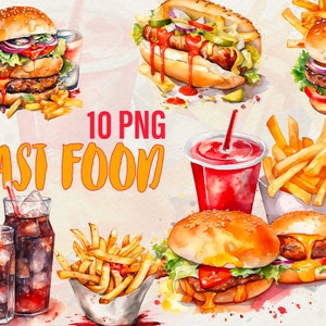 Watercolor Burger Clipart Bundle 10 PNG, Delicious Burger Clipart Fast ...