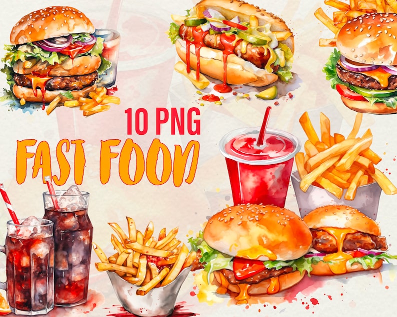 Watercolor Burger Clipart Bundle 10 PNG Delicious Burger - Etsy