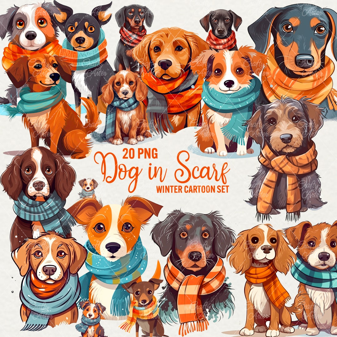 Dog in Scarf Winter Clipart, 20 PNG Cartoon Dogs in Scarf, Christmas ...
