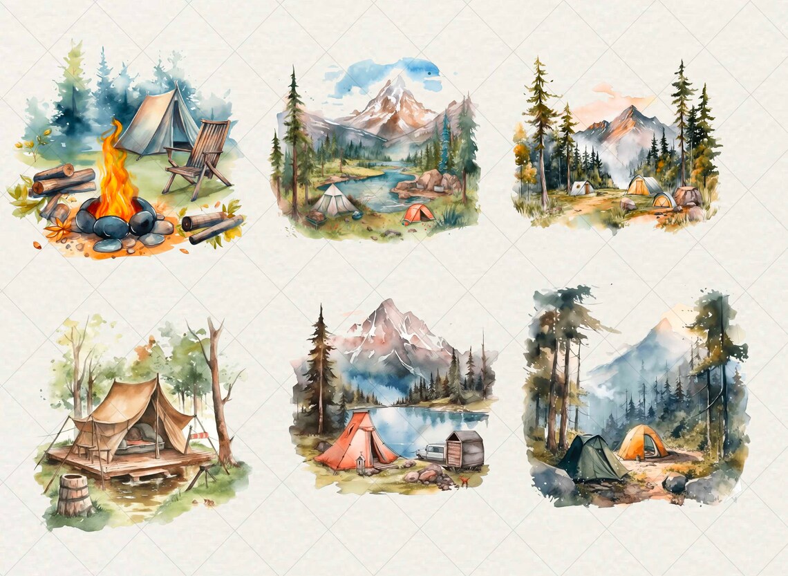 Watercolor Camping Clipart: Bonfire, Tent, Backpack (PNG Digital ...