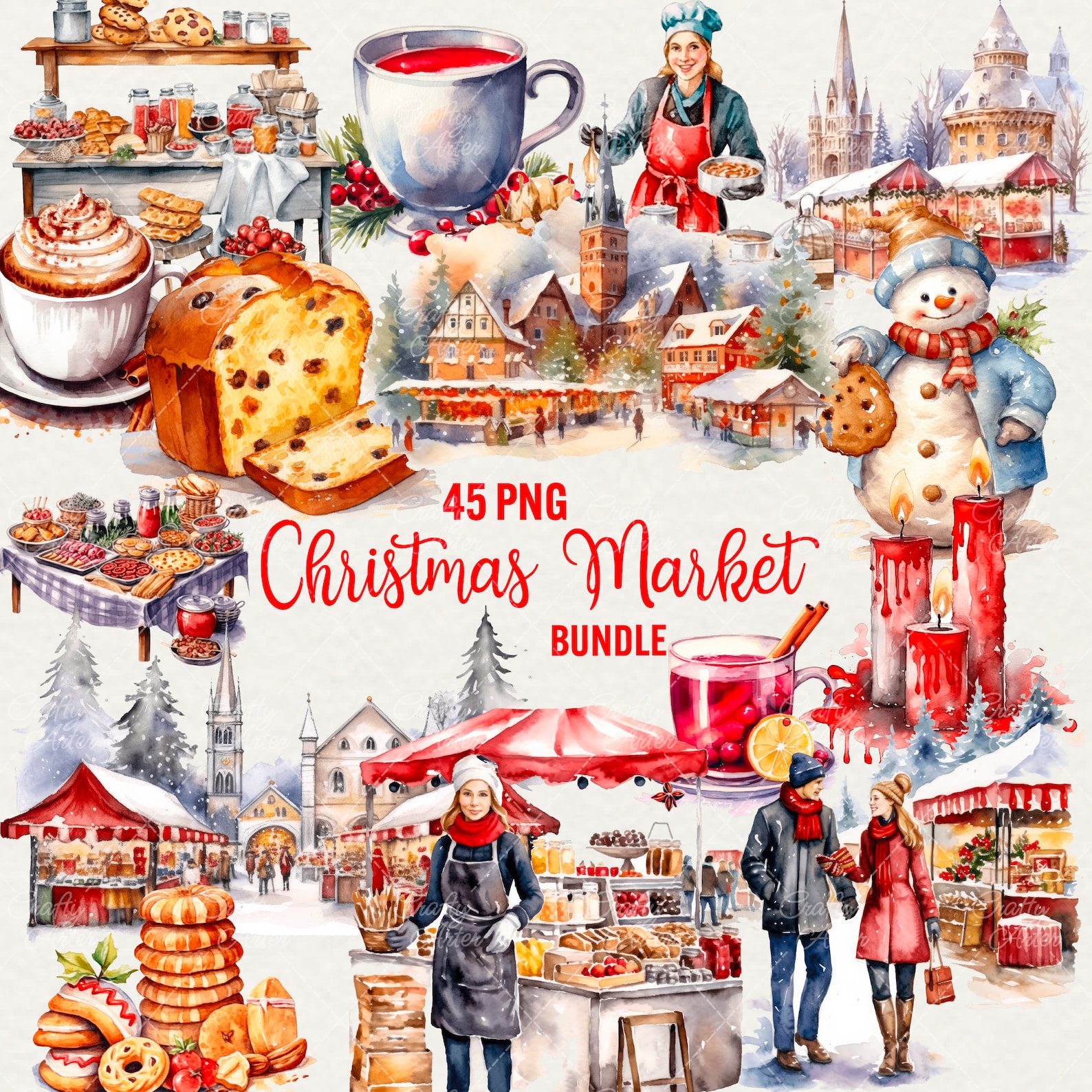Christmas Market Clipart Set, 45 Png Watercolor Christmas Shop Clipart ...