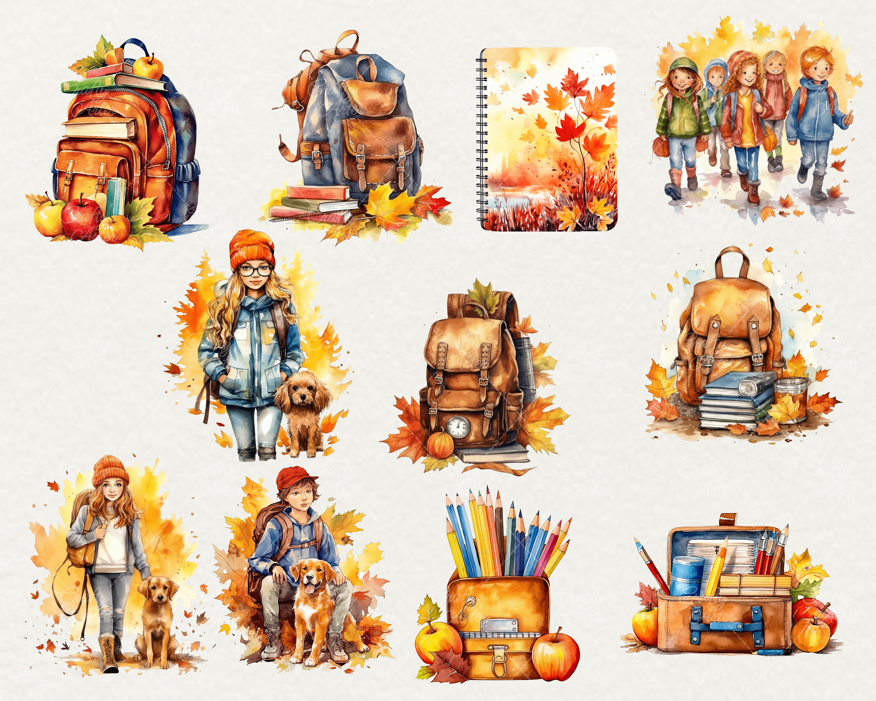 Watercolor Autumn Back to School Clipart: 60 PNG Graphics (commercial ...