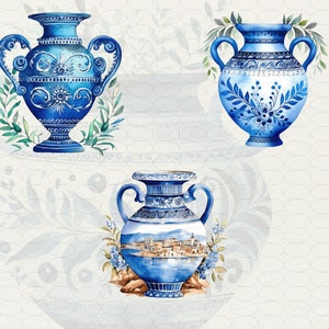 Blue Antique Greece Vase Clipart, 20 Png, Card Making, Watercolor Blue ...
