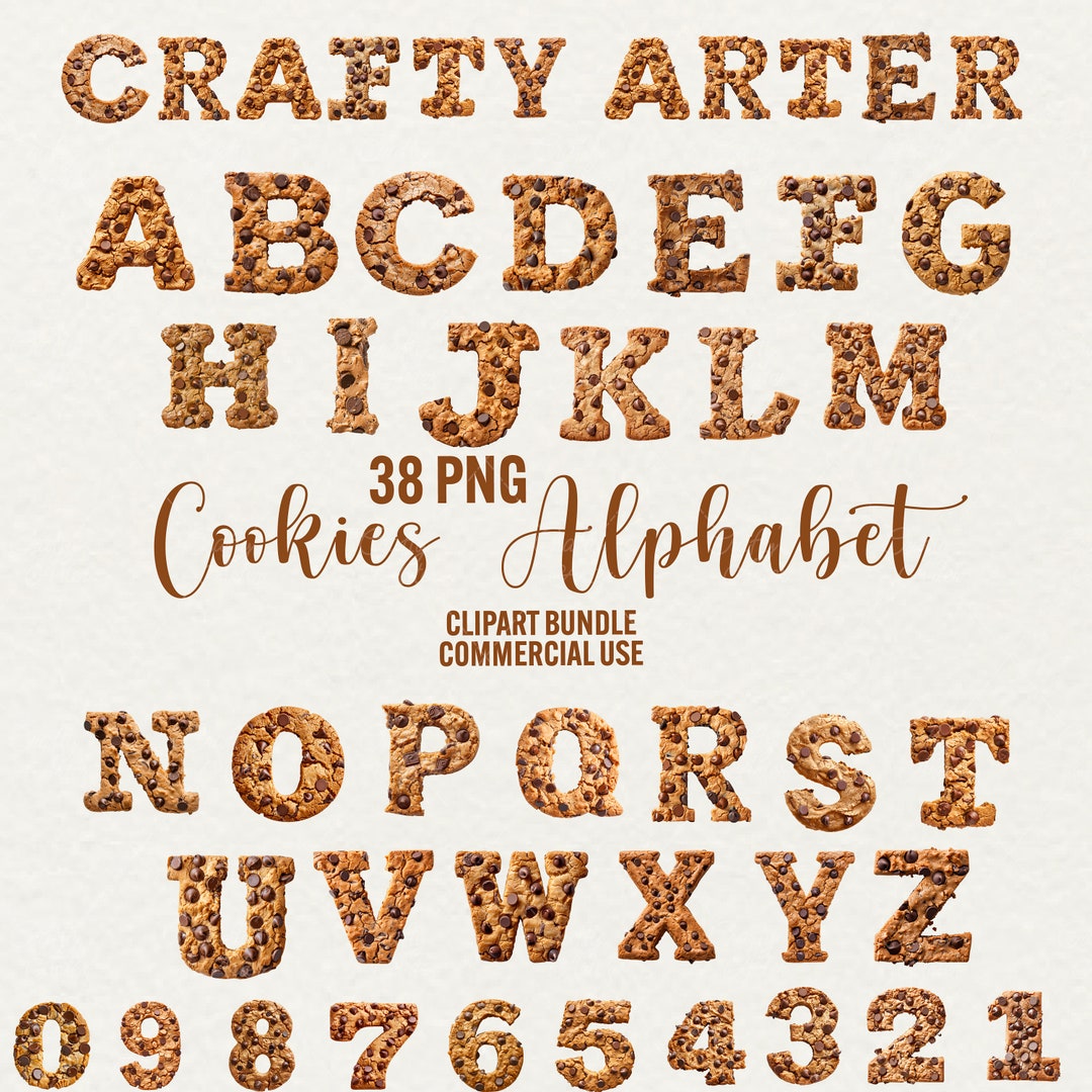 Cookie Alphabet Clipart: 38 PNG Chocolate Chip Letters (digital ...