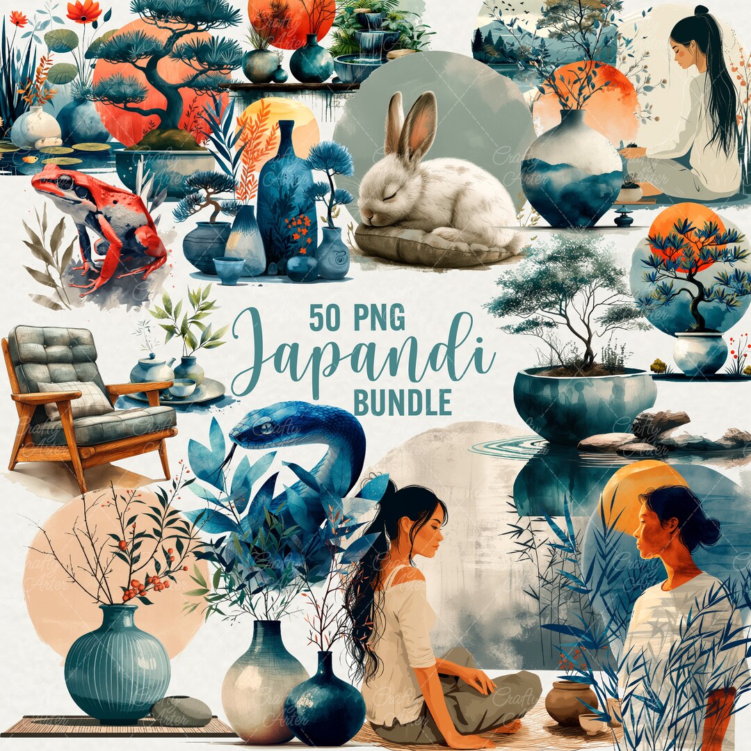 Watercolor Japandi Clipart, 50 Png Japanese Watercolour Graphics, Japan ...