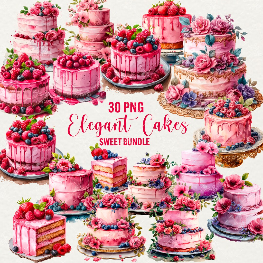 Watercolor Pink Cakes Clipart, 30 PNG Birthday Cake, Elegant Wedding ...