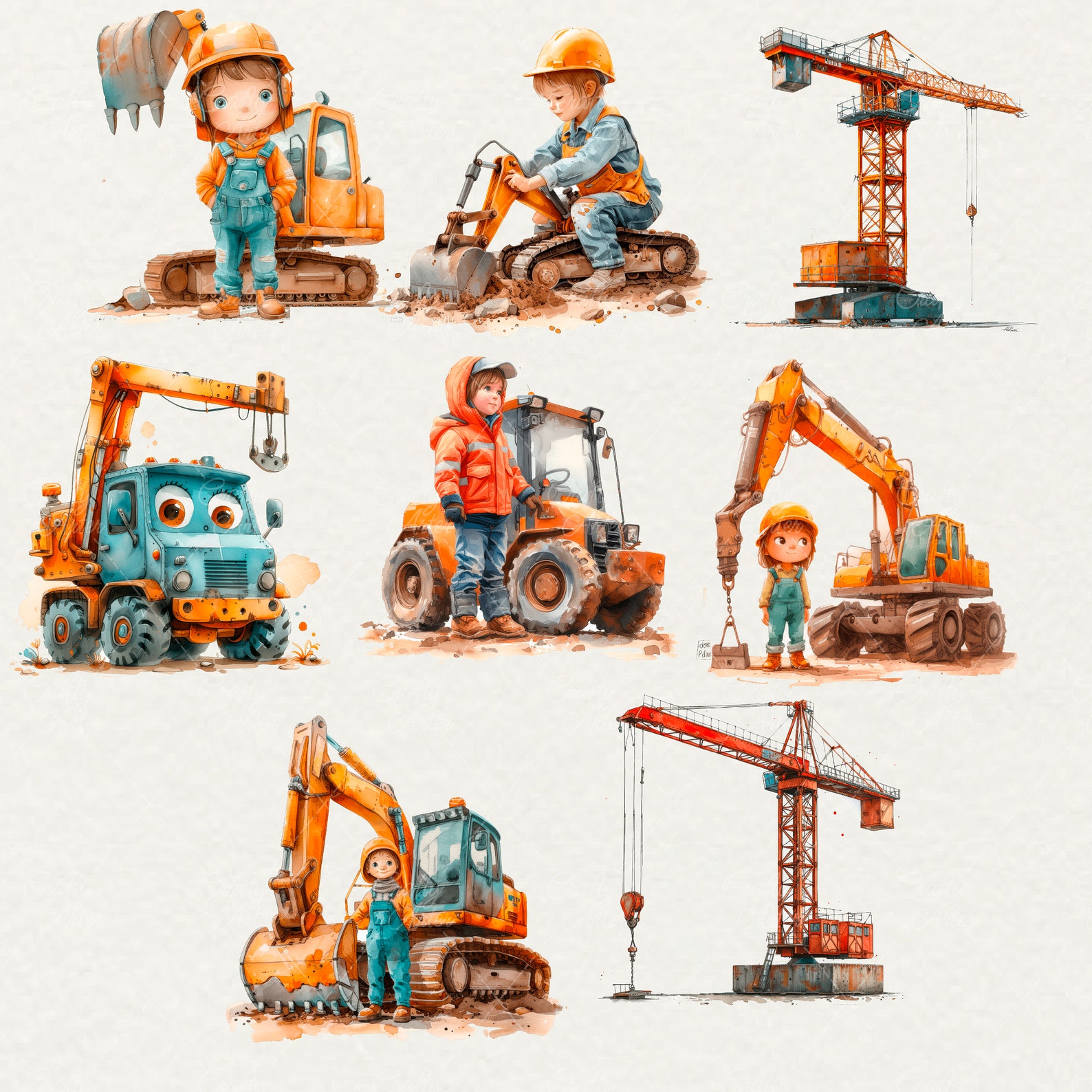 Watercolor Construction Clipart: 40 PNG Vehicle Graphics (commercial ...