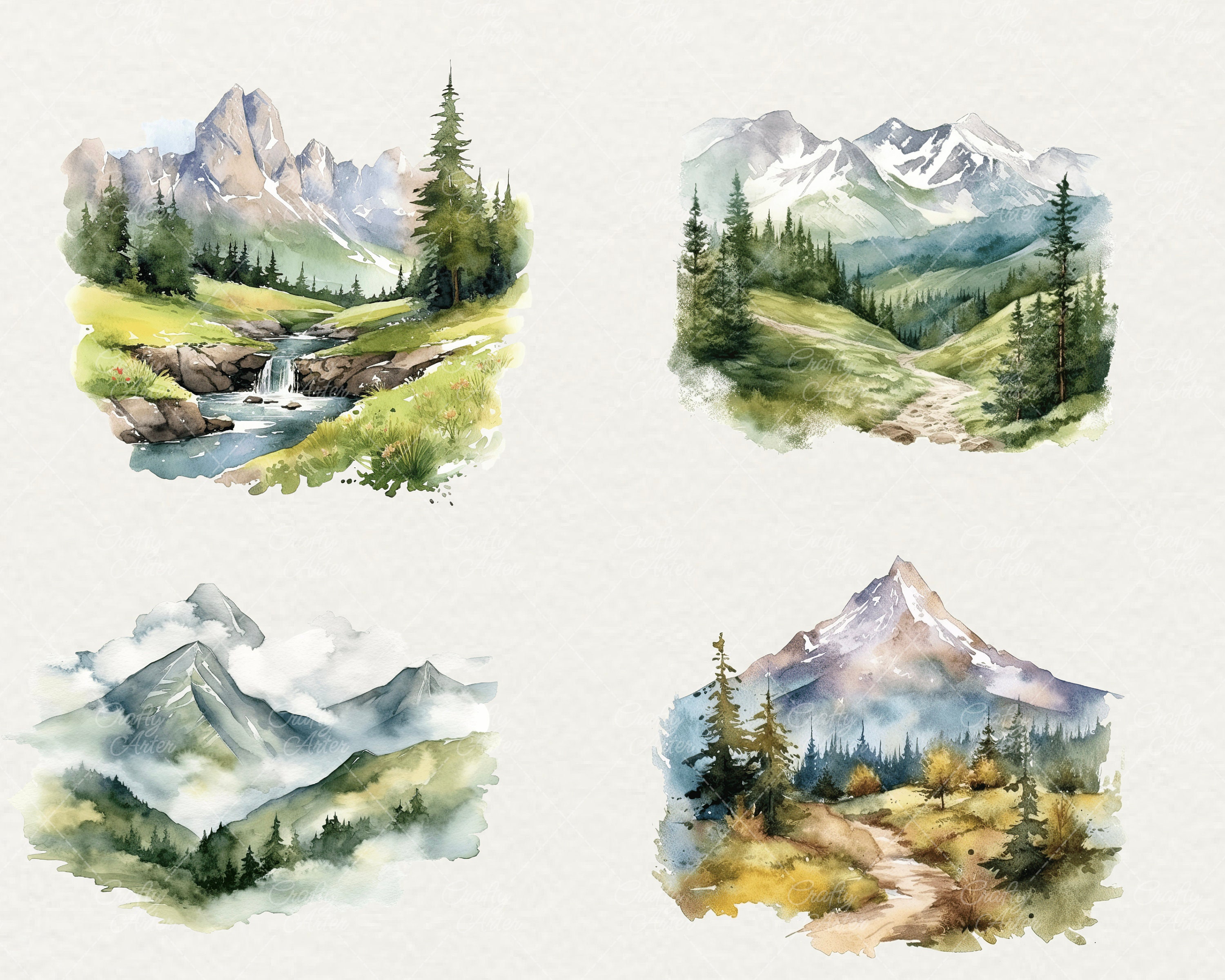 Watercolor Mountain Landscape Clipart: 22 PNG Nature Graphics ...