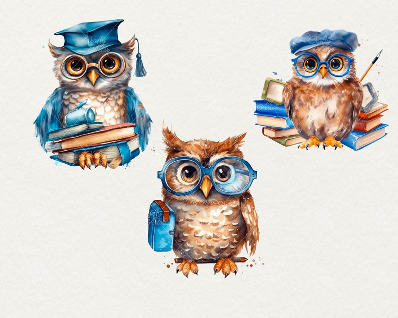 Watercolor School Owl Clipart Back to School Clipart - Etsy