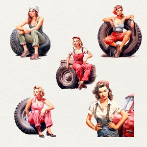 Watercolor Mechanic Girls Clipart: 29 PNG Pin-up Illustrations ...