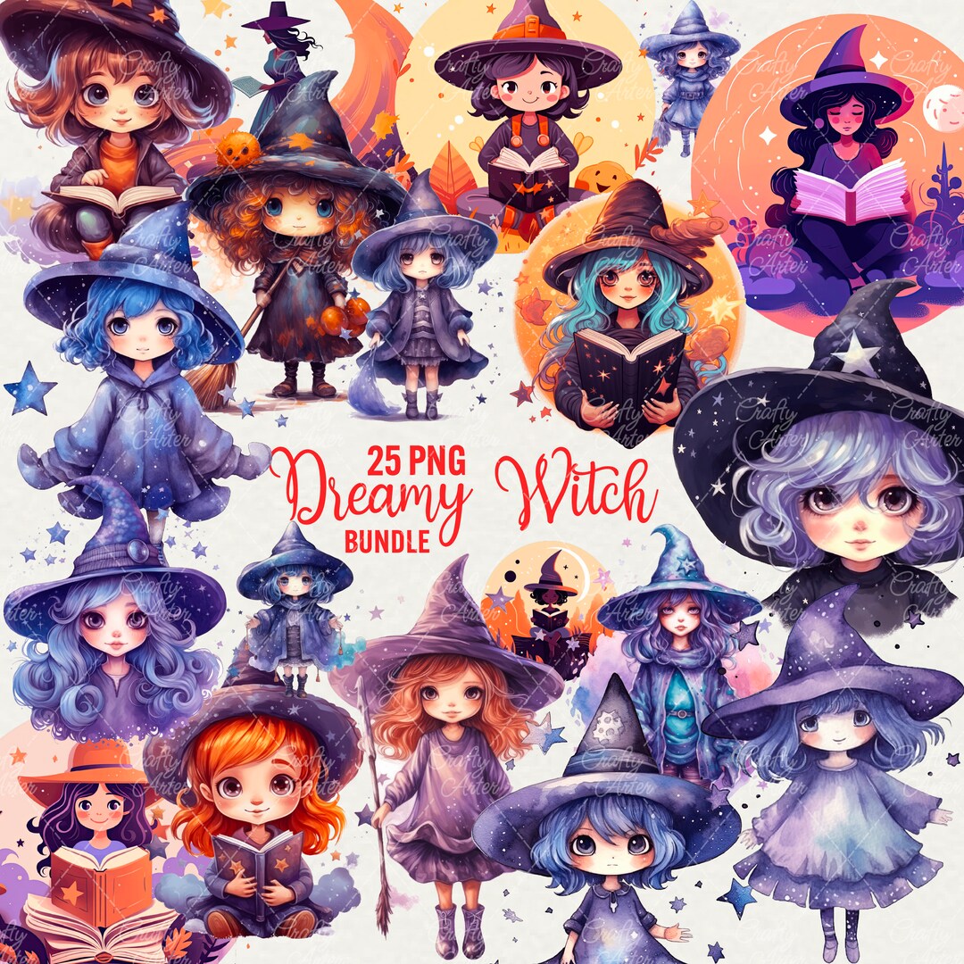 Dreamy Halloween Witch Clipart, 25 PNG Watercolor Wizard Girl ...