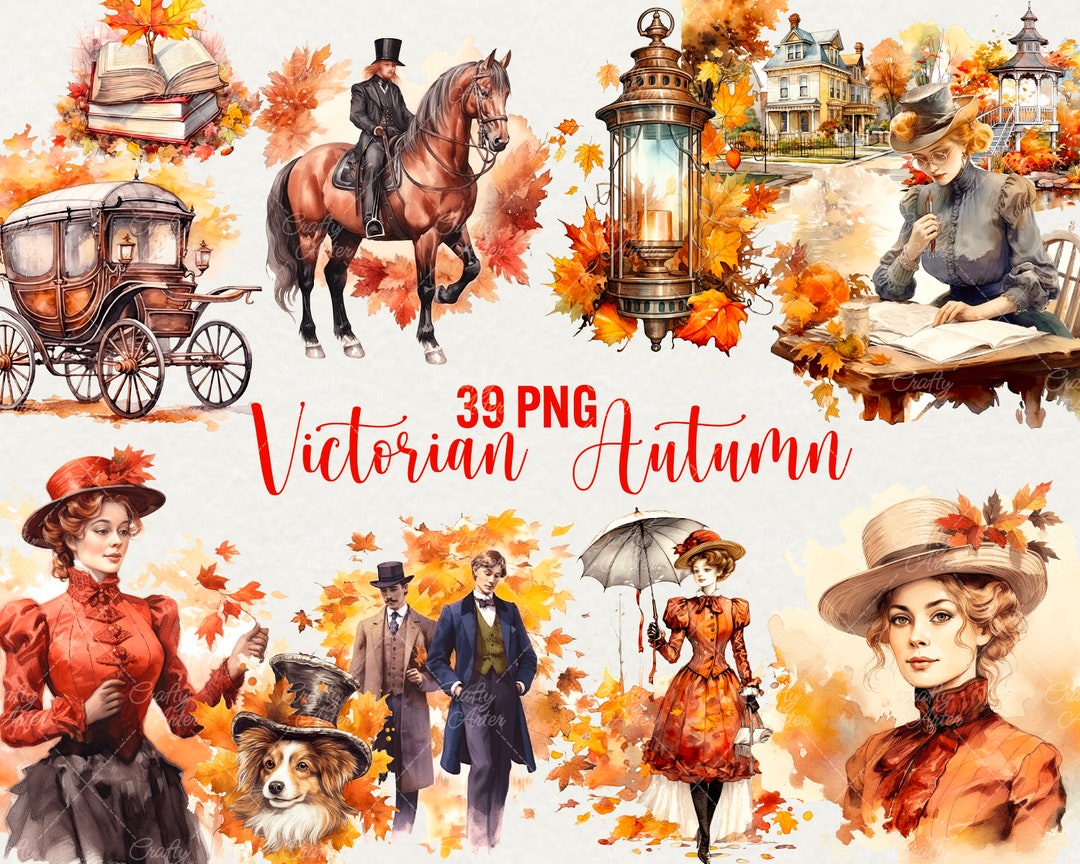 Watercolor Victorian Autumn Clipart: 39 PNG Illustrations (commercial ...