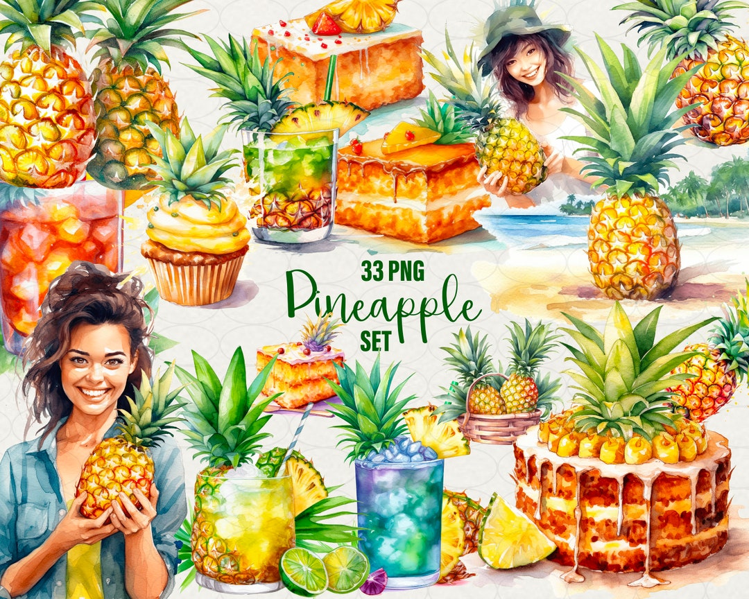 Watercolor Pineapple Clipart: Tropical Fruit PNG Set (commercial Use ...