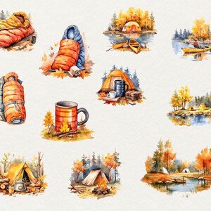 Watercolor Autumn Camping Clipart, Outdoor Camp, Bonfire, Backpack ...