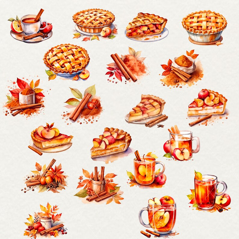 Watercolor Autumn Apple Clipart: 59 PNG Cinnamon Spice Illustrations ...