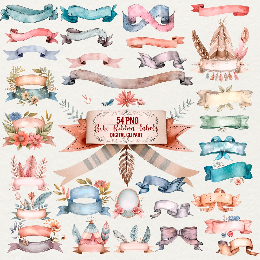 Watercolor Ribbon Labels Clipart, 54 Png Boho Banners, Pastel Bow ...