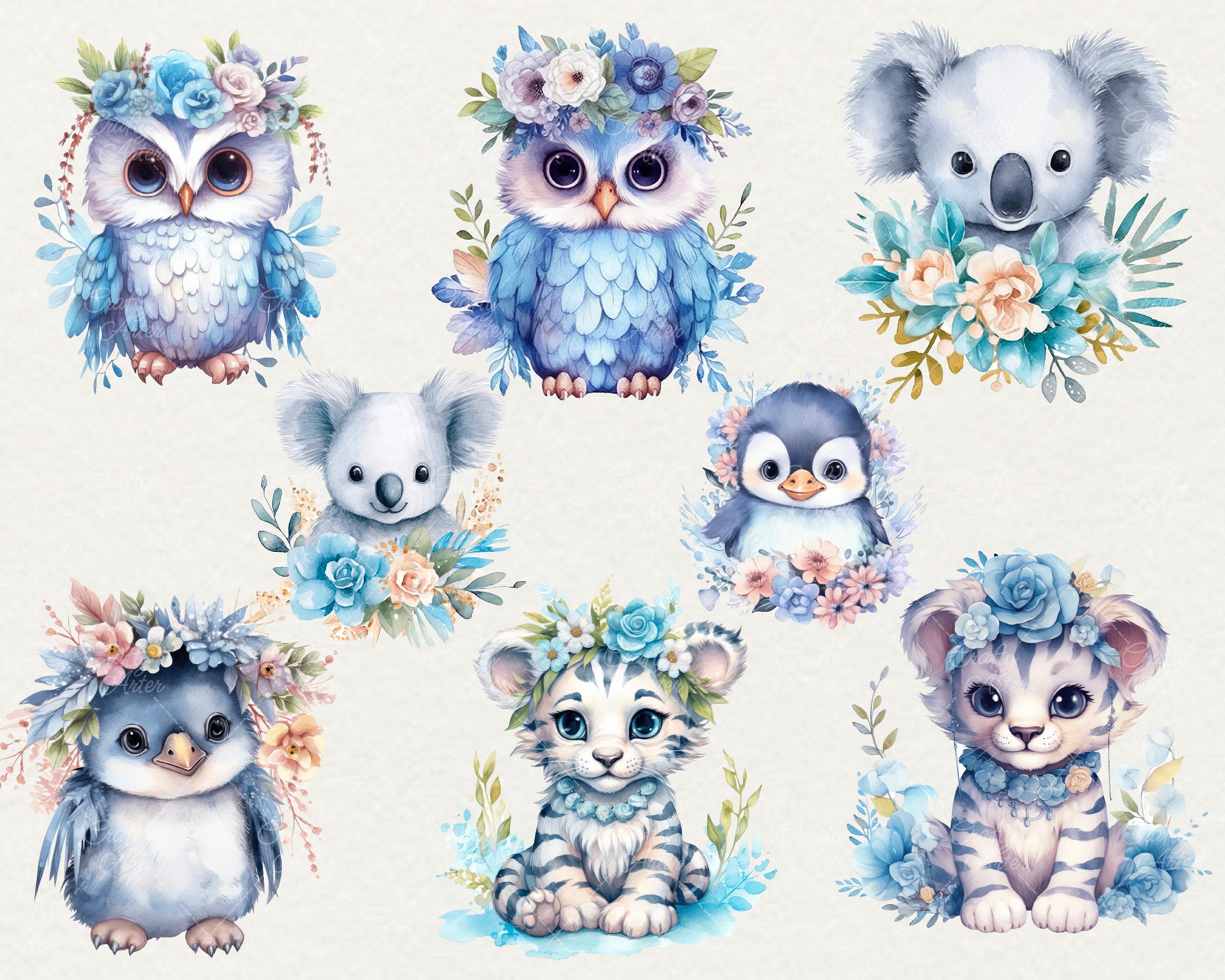 Watercolor Boho Animals Clipart: 40 PNG Pastel Blue Floral Designs - Etsy