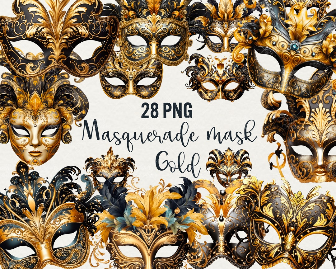 Watercolor Gold Masquerade Clipart, 28 Png Digital Art Carnival Masks ...