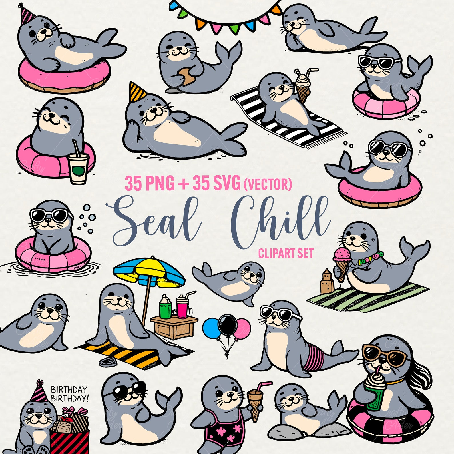 Seal Chill Clipart Bundle, Summer Animals (PNG, SVG) - Etsy