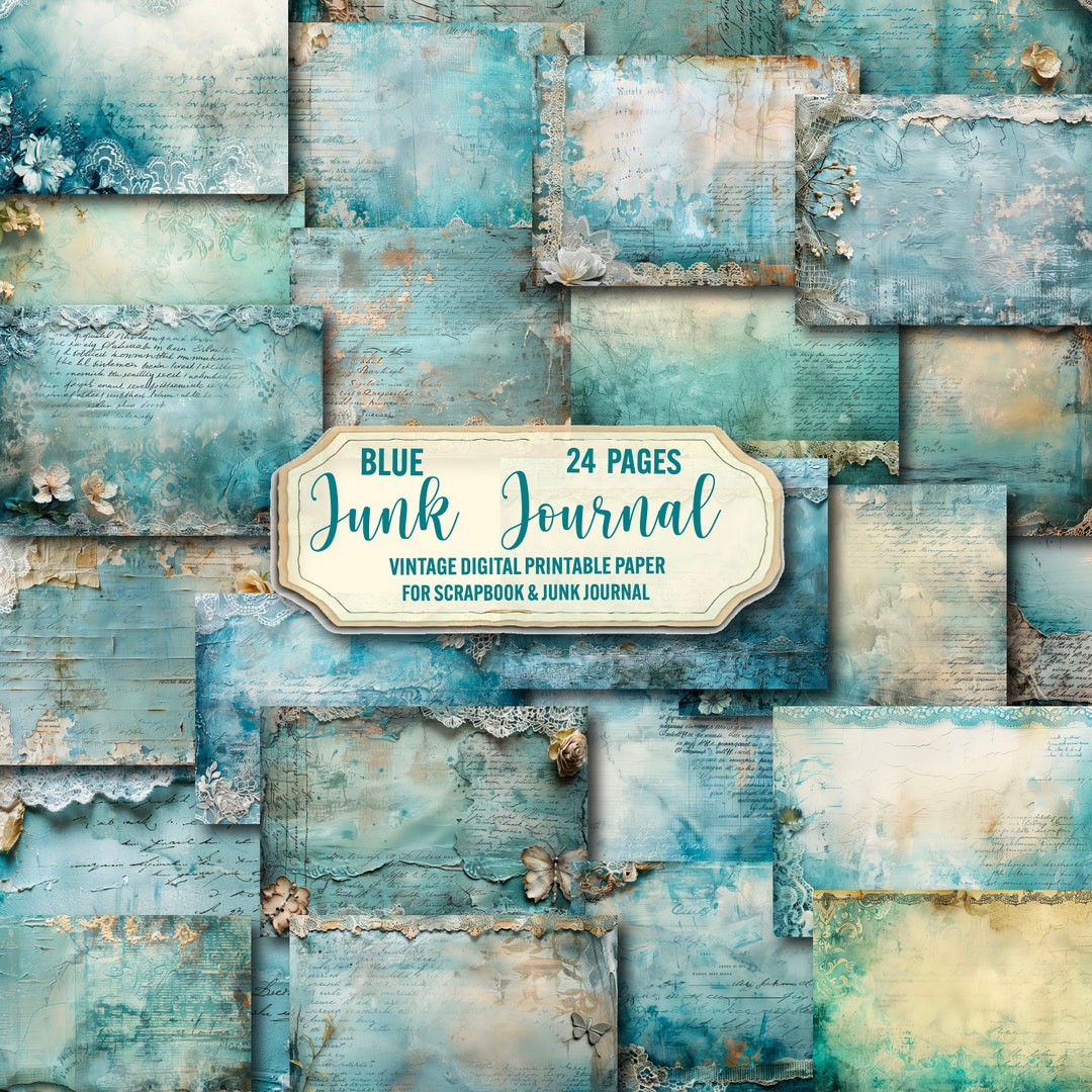 Blue Junk Journal Digital Paper, 24 Shabby Chic Textures, Old Printable ...